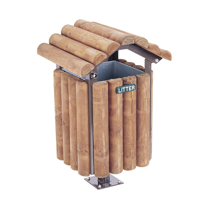 Timber and Steel Litter Bin | 110Ltr Outdoor Bin | Earth-Anchors